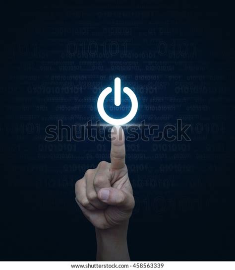 Hand Pressing Power Button Over Computer Stock Photo Edit Now 458563339