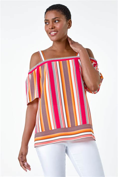 Orange Stripe Print Cold Shoulder Bardot Top Roman Uk