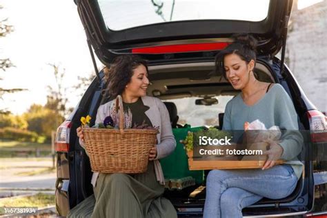 식료품과 꽃이 담긴 바구니와 상자를 들고 자동차 트렁크에 앉아 이야기를 나누는 두 여성 나무 상자에 대한 스톡 사진 및 기타 이미지 나무 상자 목재 재료 여자