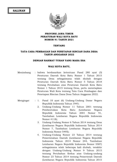 PROVINSI JAWA TIMUR PERATURAN WALI KOTA BATU NOMOR 91 TAHUN 2021