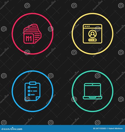 Set Line Clipboard With Checklist Laptop Create Account Screen And Processor Icon Vector