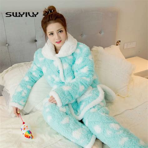 Women Winter Flannel Pajamas Female Winter Thick Warm Coral Velvet