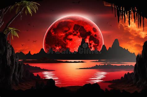 Luna Roja Llena Sobre El Paisaje De Las Islas Tropicales Stock De