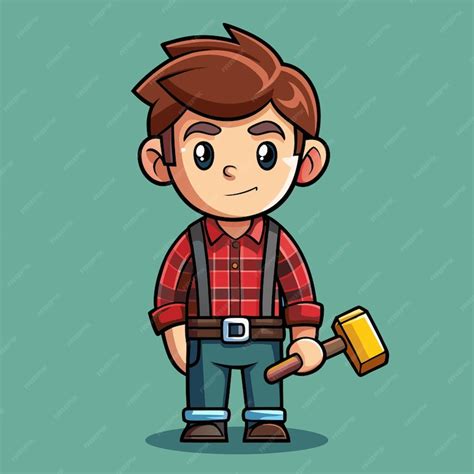 Cartoon Vector Design Of Young Man In Red Flannel Shirt Denim Overalls