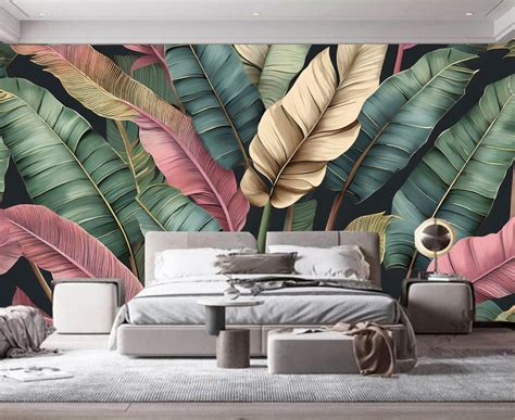Tropical Luxury Exotic Pastel Colorful Banana Leaves Wallapper Wall Mural Etsy