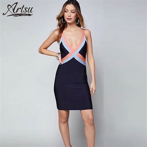 Artsu New Chic Low Cut V Neck Patchwork Dress 2018 Sexy Summer