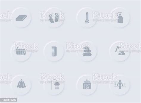둥근 고무 버튼에 사우나 회색 벡터 아이콘 웹 모바일 앱 Ui 디자인 및 프로모션 비즈니스 폴리그래피용 사우나 아이콘 세트 0명에 대한 스톡 벡터 아트 및 기타 이미지