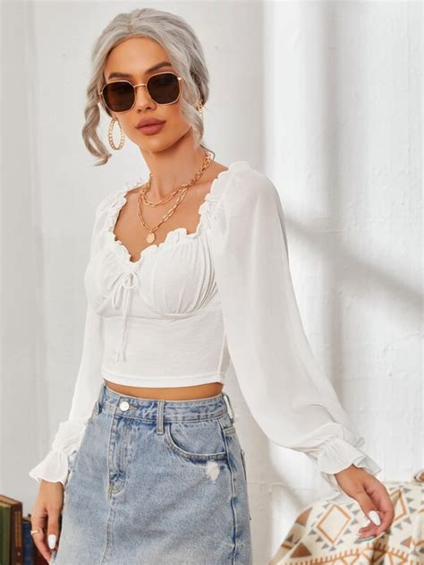 SHEIN Frenchy Frill Trim Knot Front Flounce Sleeve Crop Top SHEIN USA