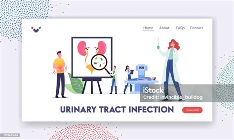 요로 감염 Uti 랜딩 페이지 템플릿 거대한 해부학 포스터에서 작은 의사와 환자 문자 방광염에 대한 스톡 벡터 아트 및 기타