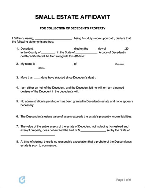 Free Printable Small Estate Affidavit Form