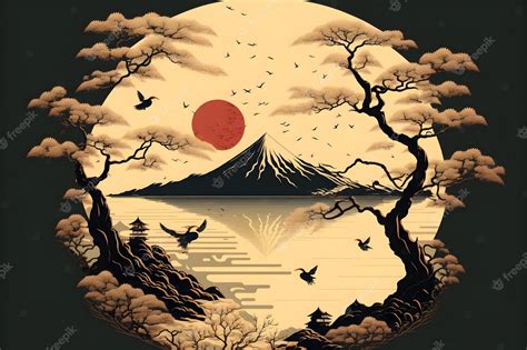 Fondo De Pantalla De Montaña De Estilo Japonés Foto Premium