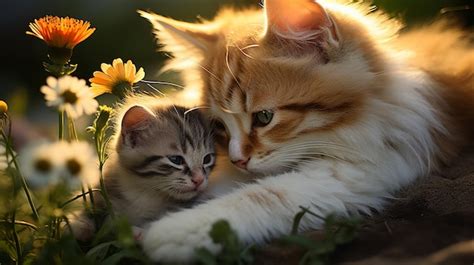 Premium Ai Image Mother Cat Licking Kitten