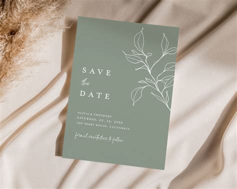 Sage Green Save The Date Template Minimalist Photo Wedding Etsy