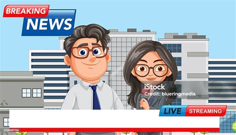 애니메이션 뉴스 앵커의 벡터 일러스트 레이 션은 라이브를보고합니다 생생한 색상과 현대적인 도시 경관 배경이 특징입니다 0명에 대한 스톡 벡터 아트 및 기타 이미지 Istock