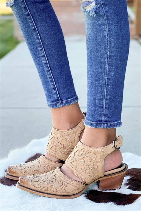 Etching Cut Out Chunky Heels Ankle Mule Boots Ripped Denim Jumpsuit
