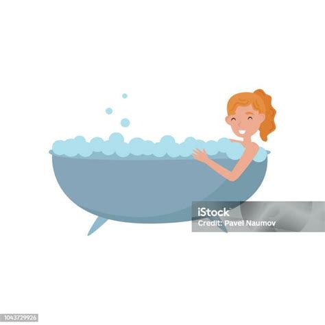 젊은 여성이 복용 목욕 거품 욕조 아름다움 치료에서에서 젊은 여자 자신을 돌보는 흰색 배경에 그림을 벡터 귀여운에 대한 스톡