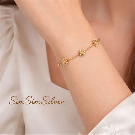 925 Sterling Silver Daisy Flower Bracelet 18k Gold Plated Dainty