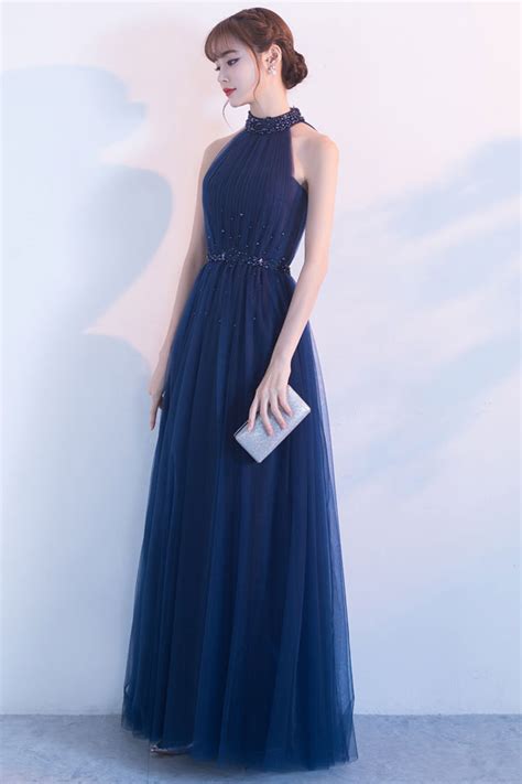 Dark Blue Tulle High Neck Long Prom Dress Dark Blue Bridesmaid Dress