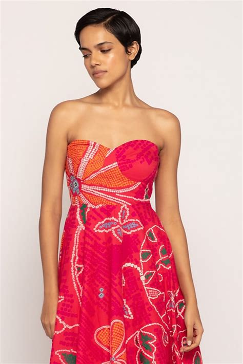 Pink And Orange Cambric Bandhani Printed Midi Dress By Saaksha And Kinni At