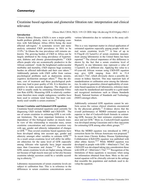 Pdf Creatinine Based Equations And Glomerular Filtration Rate Interpretation And Clinical