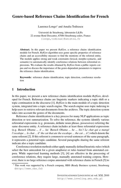 Pdf Genre Based Reference Chains Identification For French