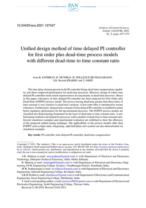Pdf Unified Design Method Of Time Delayed Pi Controller For First Order Plus Dead Time Process