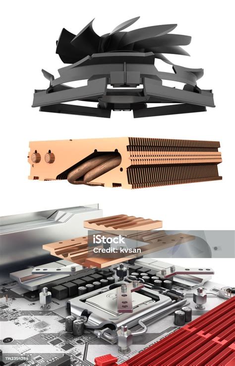 프로세서 및 냉각 시스템이 흰색 배경 3d 렌더링에 고립 된 형태로 분해 된 마더보드 0명에 대한 스톡 사진 및 기타 이미지 0명 Cpu Fashion Show