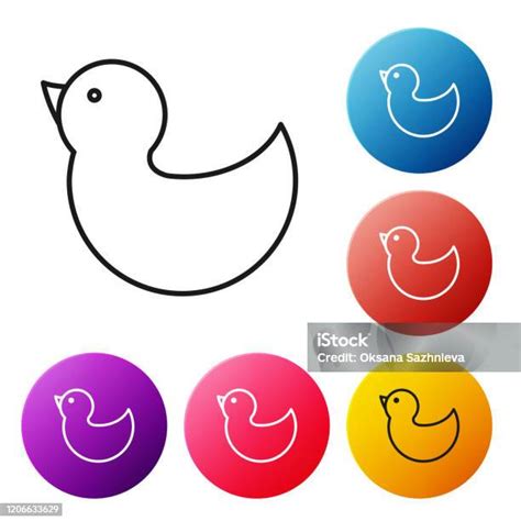 흰색 배경에 격리 된 검은 선 고무 오리 아이콘입니다 아이콘 다채로운 원 버튼을 설정합니다 벡터 일러스트레이션 귀여운에 대한 스톡 벡터 아트 및 기타 이미지 Istock