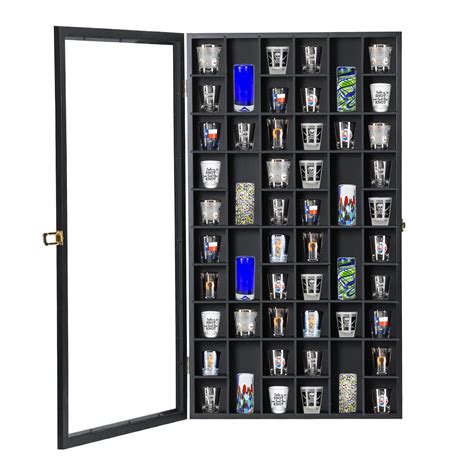 Shot Glass Display Case Large Wooden Cabinet Rack Holder Wall Mounted Black Shadow Box Lockable