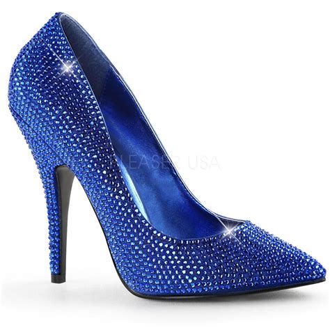 Royal Blue Rhinestone Single Sole Pump Heels Satin Heels Rhinestone
