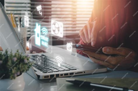 Premium Photo Smart Home Automation Control System Man Hand Using Smart Phone With Smart Home