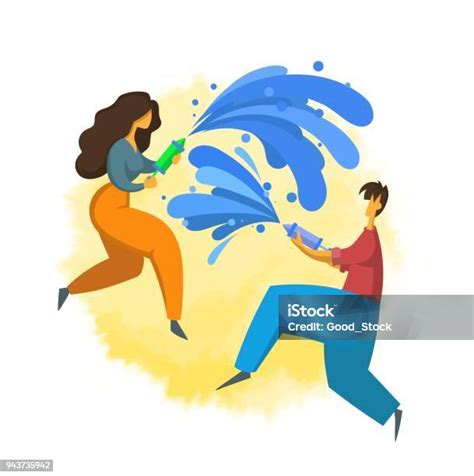 송 크 란 태국 새 해의 축제 남자와 여 자가 서로에 물을 붓는 평면 스타일에 벡터 그림입니다 흰색 배경에 고립 불교 새해에