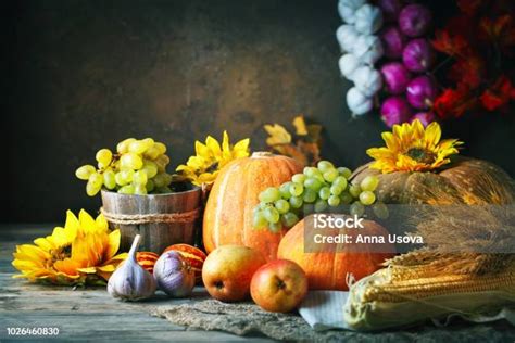 행복 한 추수 감사절 배경 호박 옥수수 과일 가 잎으로 장식 하는 나무 테이블 추수 축제입니다 선택적 초점입니다 수평 배경 복사