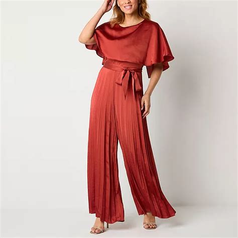 Melonie T Satin Womens Short Sleeve Belted Jumpsuit Color Cayenne