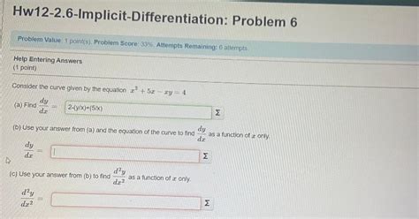 Solved Hw12 2 6 Implicit Differentiation Problem 6 Problem Chegg Com