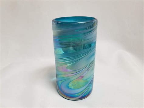 Hand Blown Water Glass Turquoisewhite Swirl Iridescent Blue Dorado