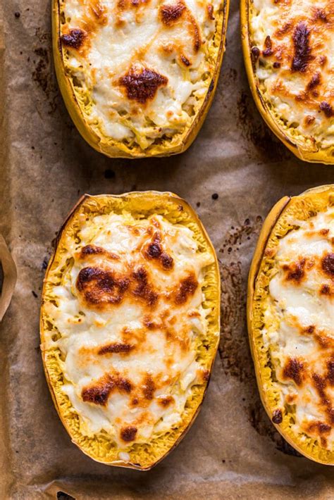 Chicken Alfredo Spaghetti Squash Boats Deliciously Organic Carrie Korem FNTP