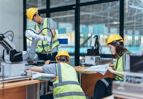 Trainees Programing Robotic Arm In Practical Lesson At Robotics Academy