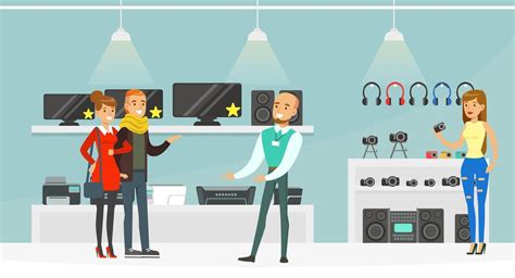 Male Shop Assistant Helping People Choose Electronics At Shopping Mall