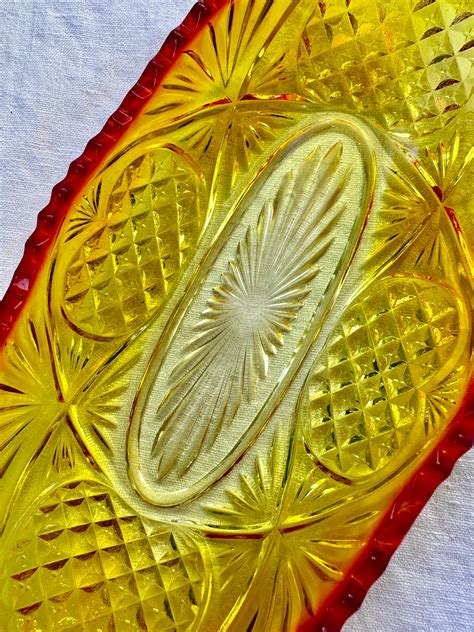 Vintage Cut Glass Oval Serving Dish Red Orange Pineapple Etsy