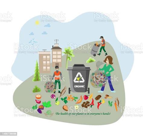 환경 친화적 인 사람들 쓰레기 수집기 쓰레기를 가진 남자 사람들은 쓰레기를 종류별로 분류하여 재활용을 위해 용기에 넣습니다 생태 개념입니다 가공의 인물에 대한 스톡 벡터