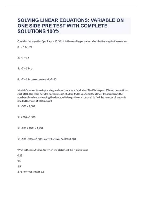 Solving Linear Equations Variable On One Side Pre Test With Complete