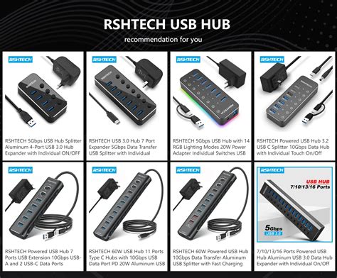 Rshtech 전원 Usb 허브 3 2 Usb C 분배기 개별 터치 온 오프 스위치 맥북 맥용 Usb 익스텐션 10gbps