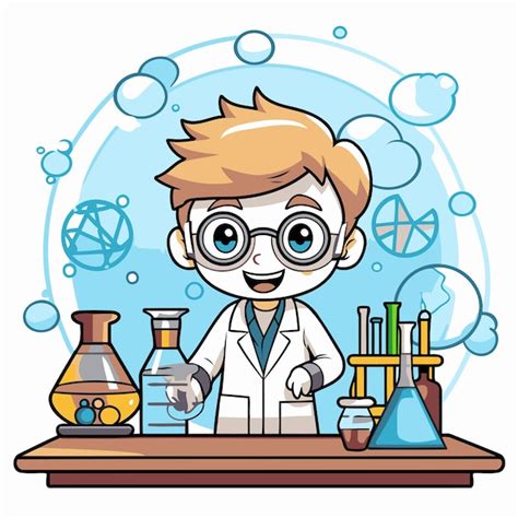 실험실의 소년 과학자 만화 캐릭터의 터 일러스트레이션 프리미엄 벡터