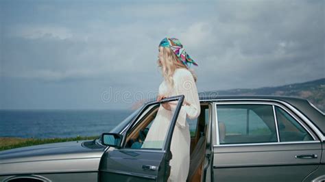 Girl Passenger Sitting Car Looking Camera Close Up Woman Relaxing On