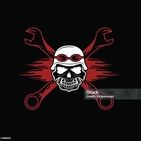 Tengkorak Di Helm Dan Kunci Pas Dengan Api Ilustrasi Stok Unduh