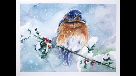 Watercolor Bird In A Snow Painting Tutorial Youtube