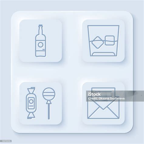 세트 라인 맥주 병 위스키와 얼음 조각 유리 롤리팝 및 초대 카드봉투 흰색 정사각형 버튼 벡터 0명에 대한 스톡 벡터 아트 및