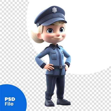 Ilustração 3d De Uma Linda Garota Policial Com Uniforme Azul E Boné