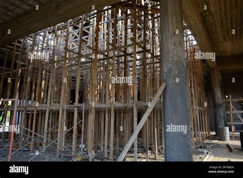 Wood Formwork And Scaffolding For Pouring Concrete And Support A Newly